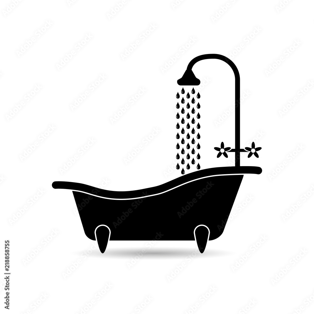 Bathtub icon with flowing water. Bath vector isolated on a light ...