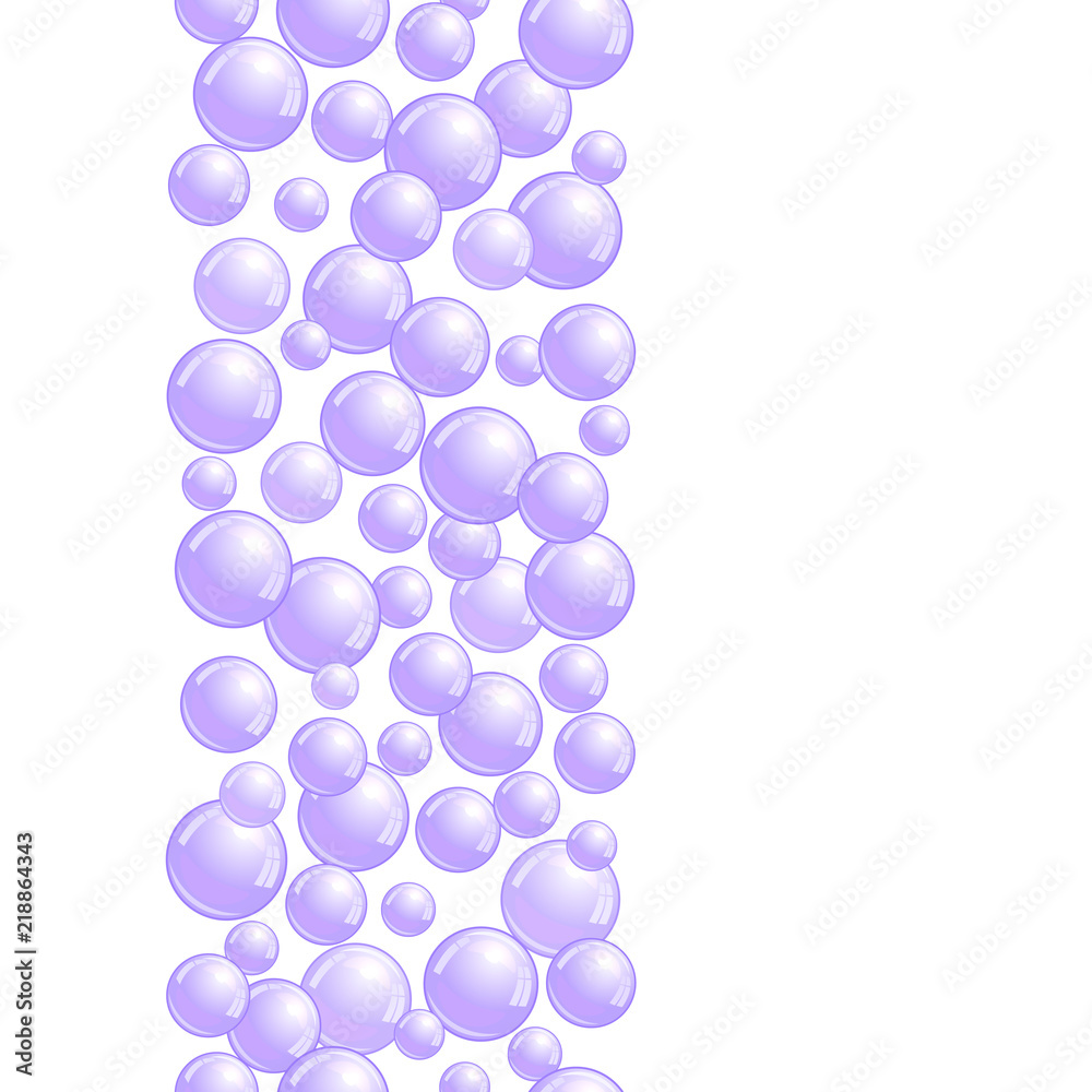 Vertical decorative line with soap bubbles, background with realistic ...