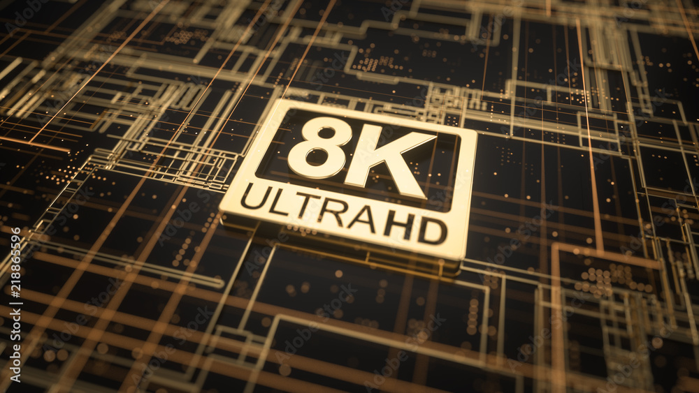 8K ultra hd symbol on abstract electronic circuit board. Television ...