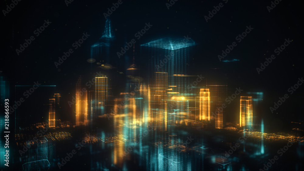 ภาพประกอบสต็อก Digital abstract city made of glowing dots. Business ...