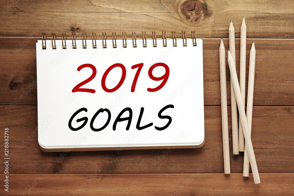 2019 goals on notebook paper background, banner sign, 2019 new year ...