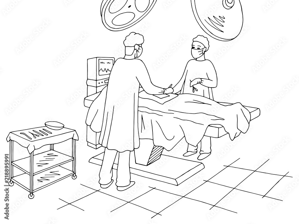 Operating room graphic black white interior sketch illustration vector ...