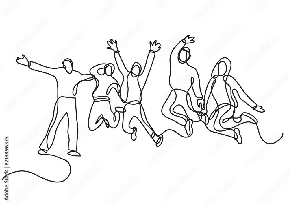 continuous line drawing of jumping team of people Stock Vector | Adobe ...
