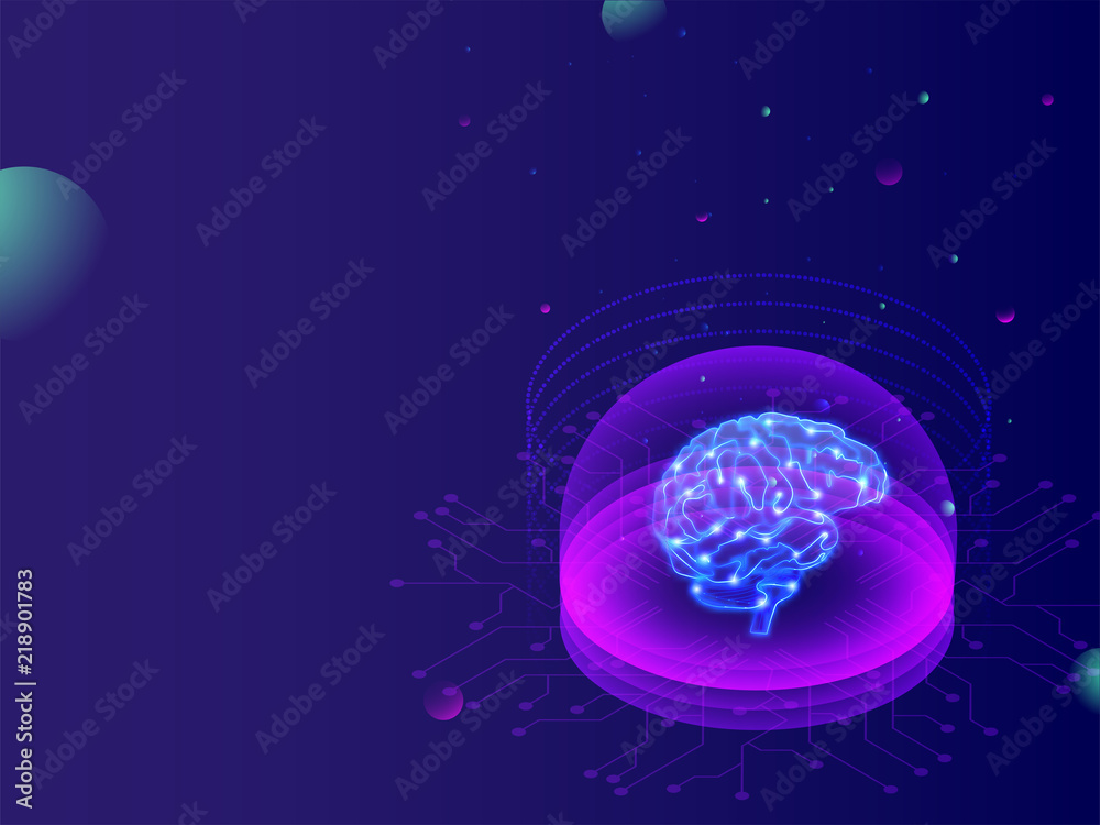 Machine learning concept, digital brain between purple rays on abstract ...