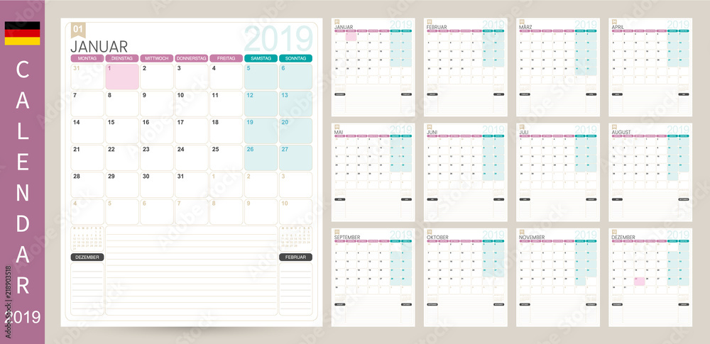 German calendar 2019 / German calendar planner 2019, week starts on ...