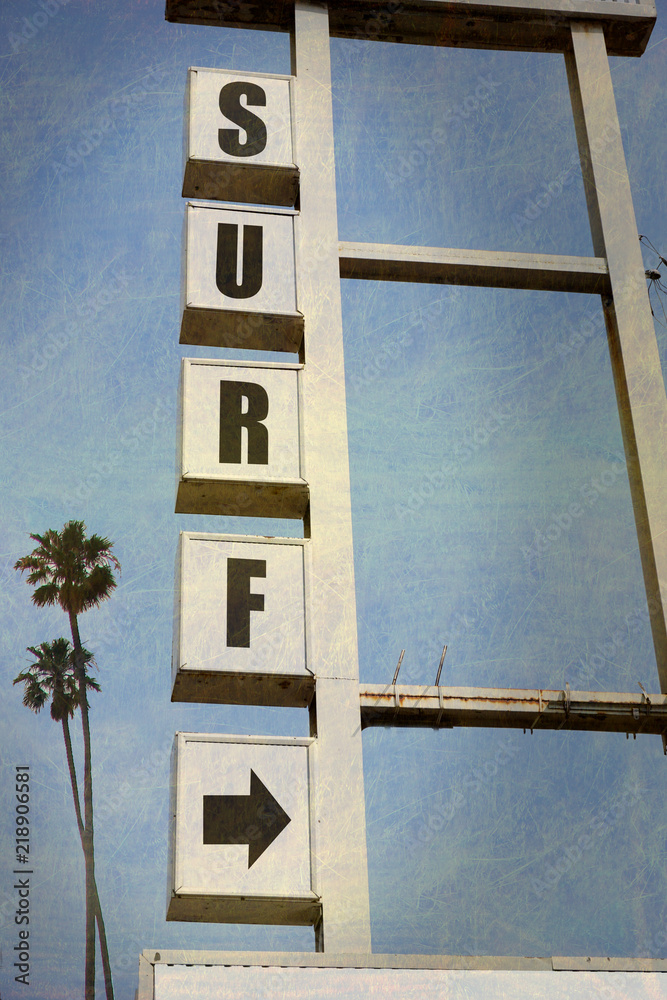aged and worn vintage surf sign with palm trees Stock Photo | Adobe Stock
