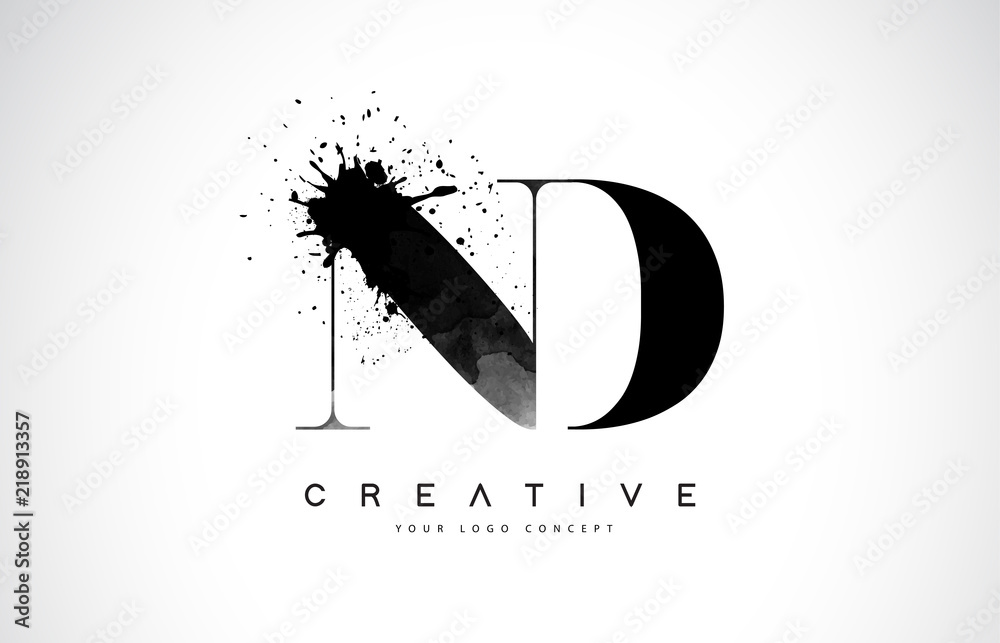 ND N D Letter Logo Design with Black Ink Watercolor Splash Spill Vector ...