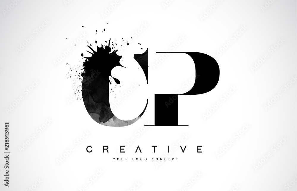 CP C P Letter Logo Design with Black Ink Watercolor Splash Spill Vector ...