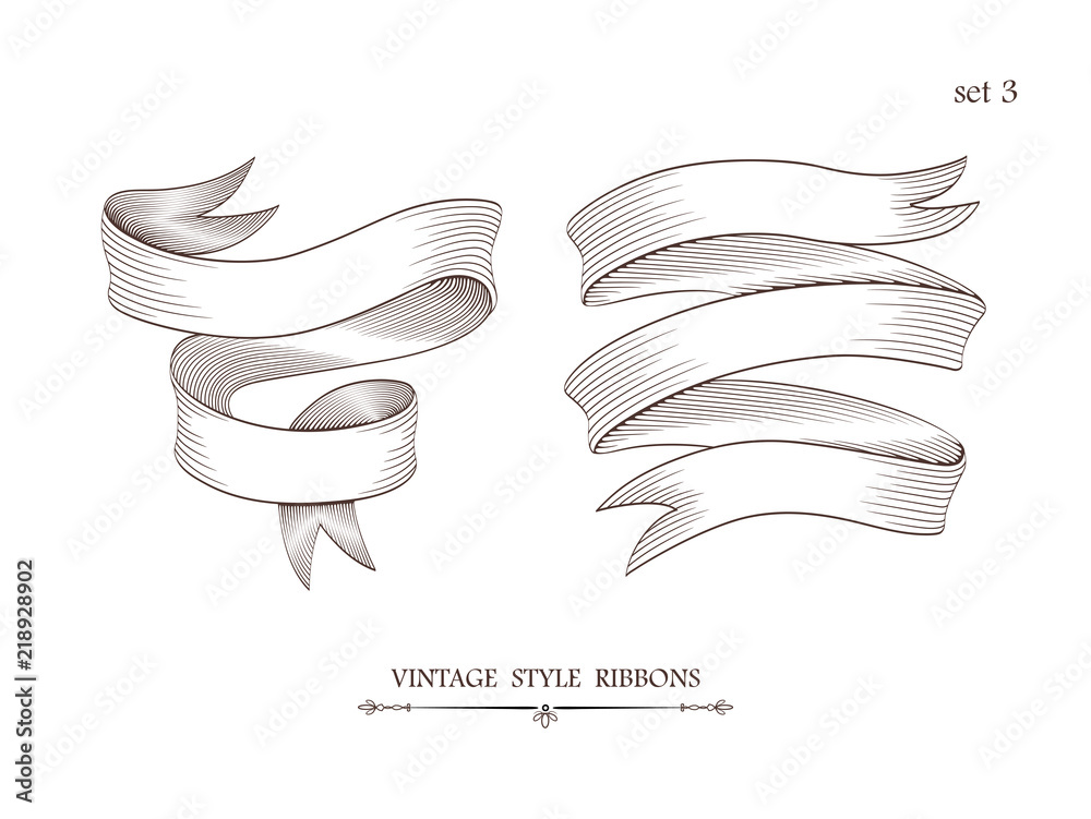 Set of vintage two-stripe and three-stripe ribbons. Engraving style ...