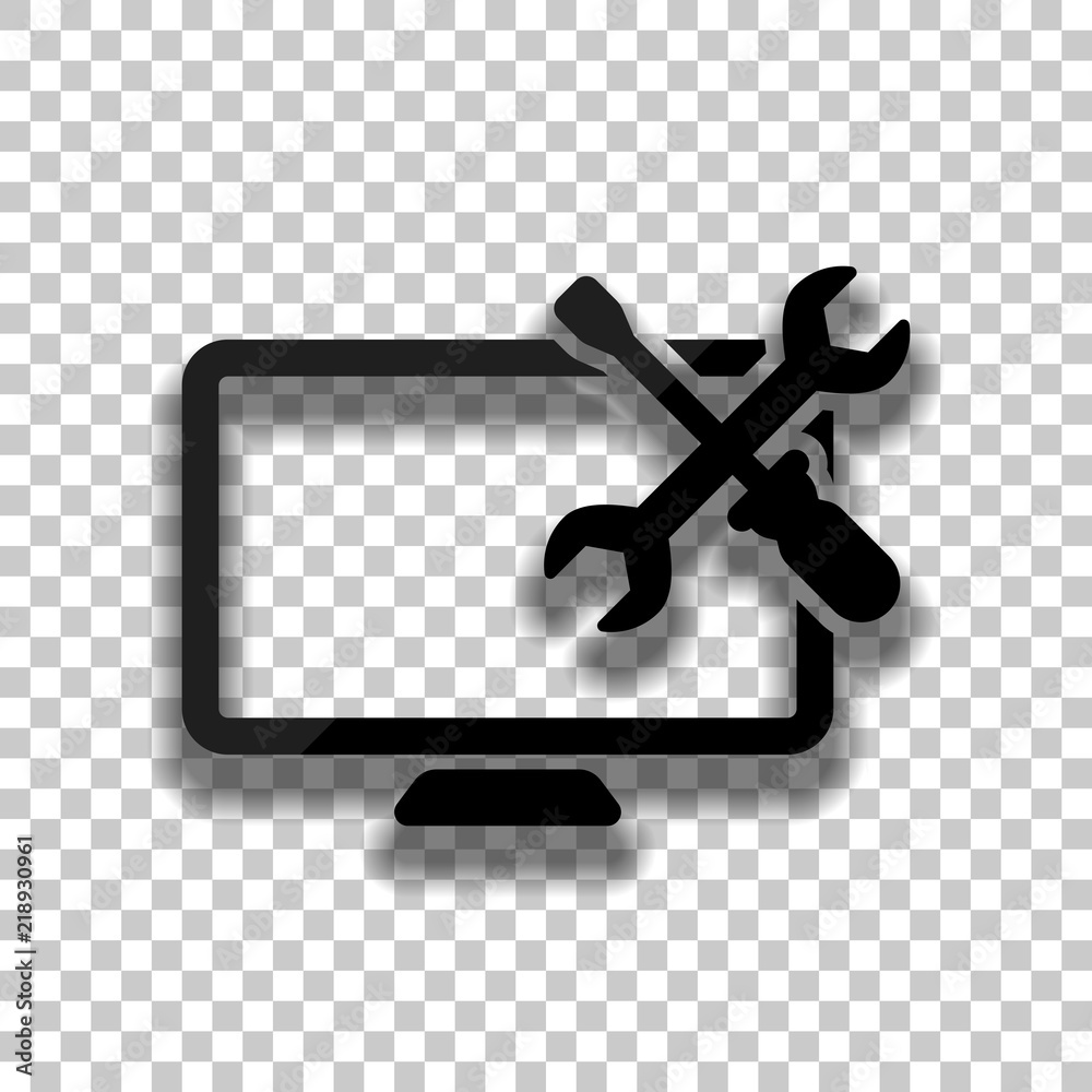 Computer repair service. Black glass icon with soft shadow on tr Stock ...