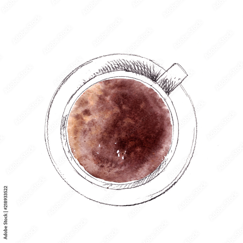 Hand drawn cup of americano coffee, top view. Pencil sketch with ...