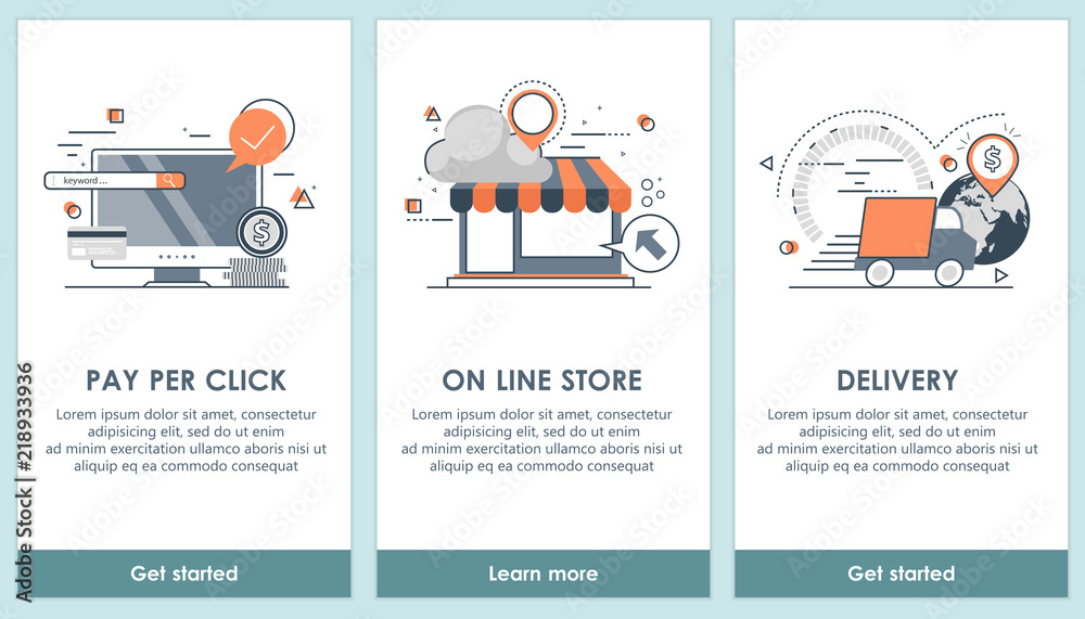 Flat design shopping app screens. Modern user interface UX, UI screen ...