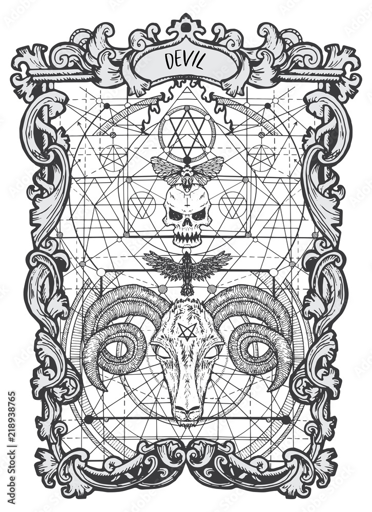 Devil. Major Arcana tarot card. The Magic Gate deck. Fantasy engraved vector illustration with ...