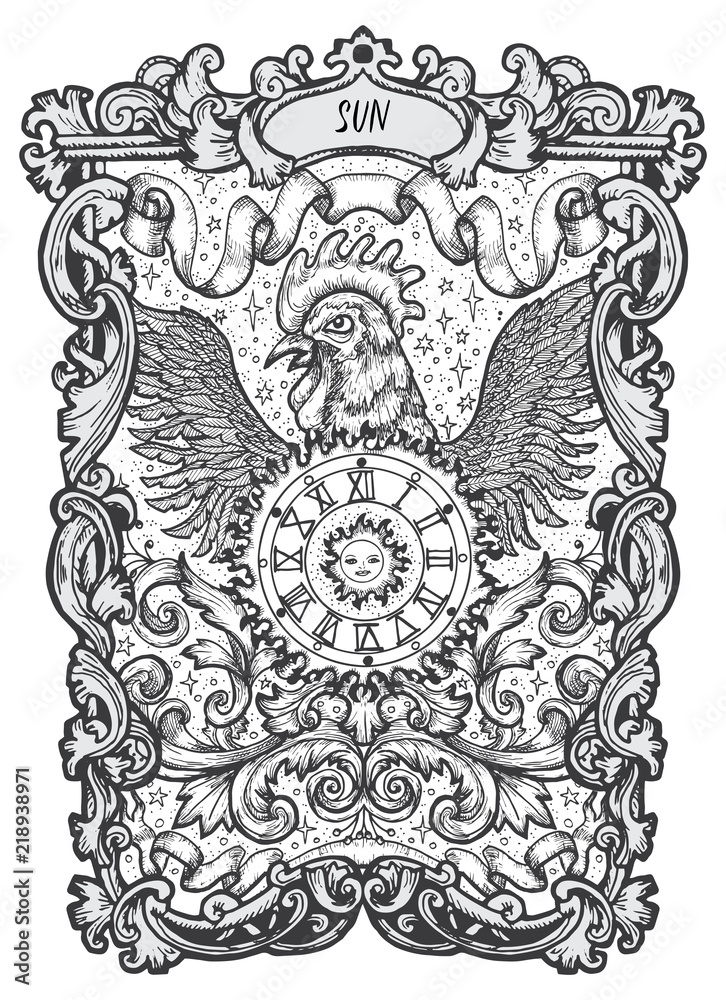 Sun. Major Arcana tarot card. The Magic Gate deck. Fantasy engraved ...