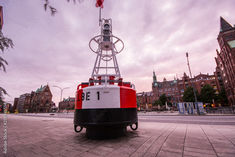 Sea buoy front of maritimes museum in Hamburg, Germany. Sunset. Stock ...