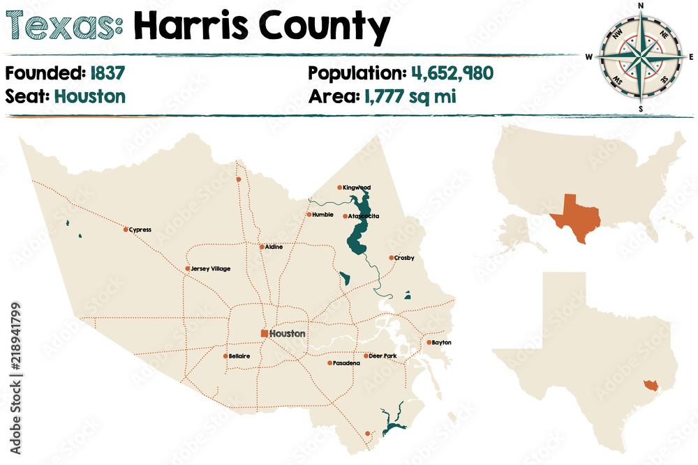 Detailed map of Harris county in Texas, USA. Stock Vector | Adobe Stock