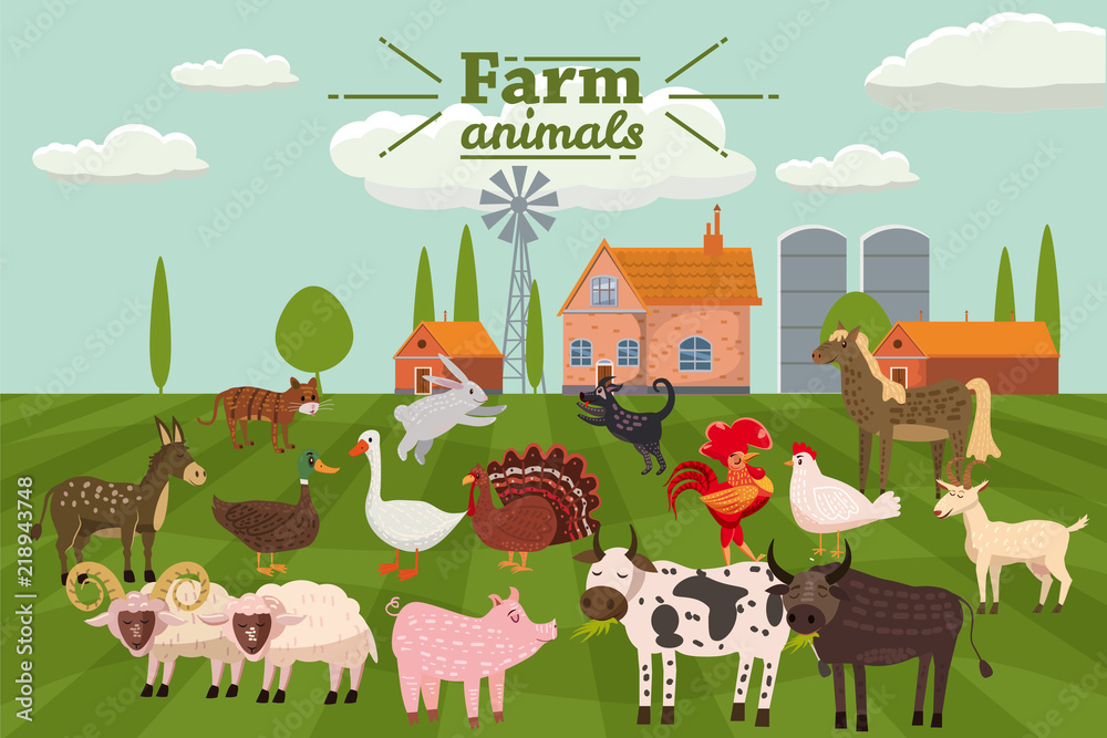Farm animals and birds set in trendy cute style, including horse, cow ...