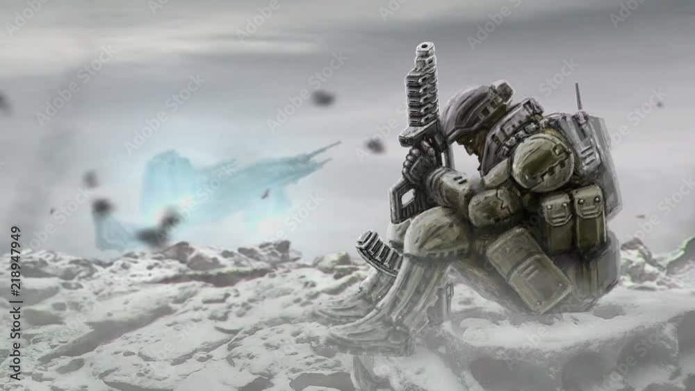 Soldier with rifle is waiting evacuation after battle. Landing ...