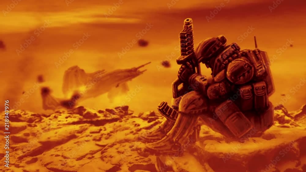 Grim soldier is waiting evacuation. Landing spacecraft. Future war. Sci ...