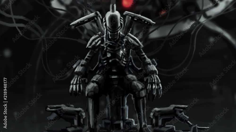 Alien astronaut sits in suit on his iron throne. Evil character in ...