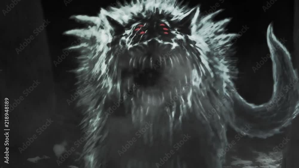 Alien wolf emerges from dark forest and opens his mouth. 2D animation ...