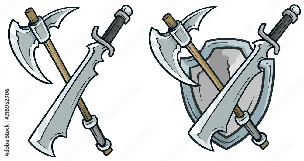 Cartoon coat of arms with axe and shield Stock Vector | Adobe Stock