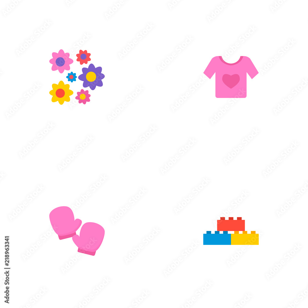 Set of infant icons flat style symbols with flowers, lego, baby shirt ...