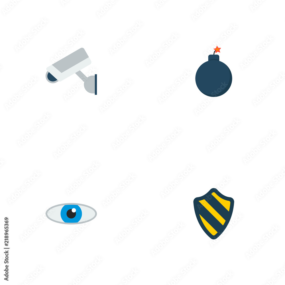 Set of safety icons flat style symbols with supervision, bomb, eye and ...