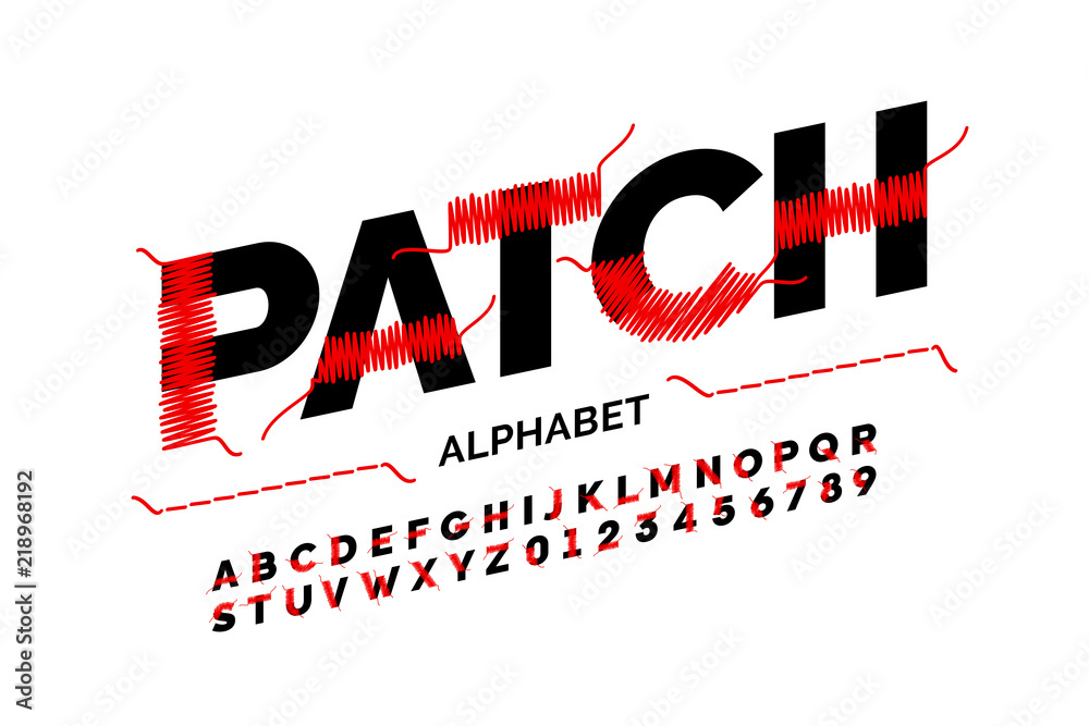 Patched font design stitched with thread, embroidery font alphabet ...