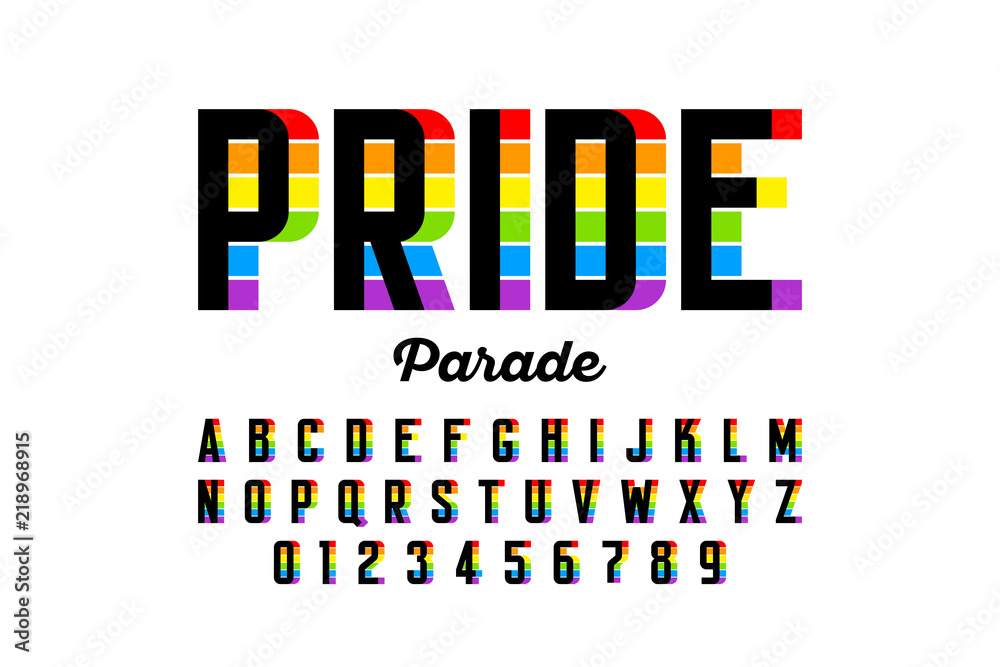 Rainbow flag colors font, colorful alphabet letters and numbers Stock ...