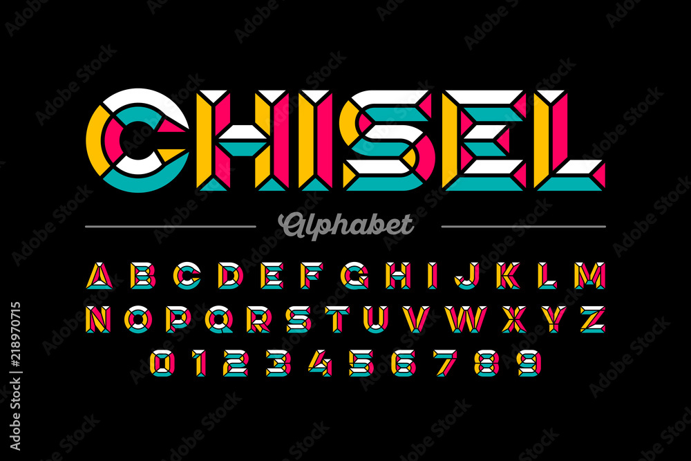 Retro style chisel font, colorful alphabet letters and numbers Stock ...