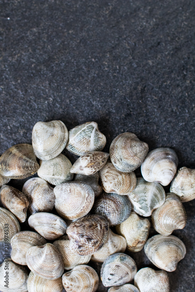 handful of "lupini" type clams on a black granite table ready to be ...