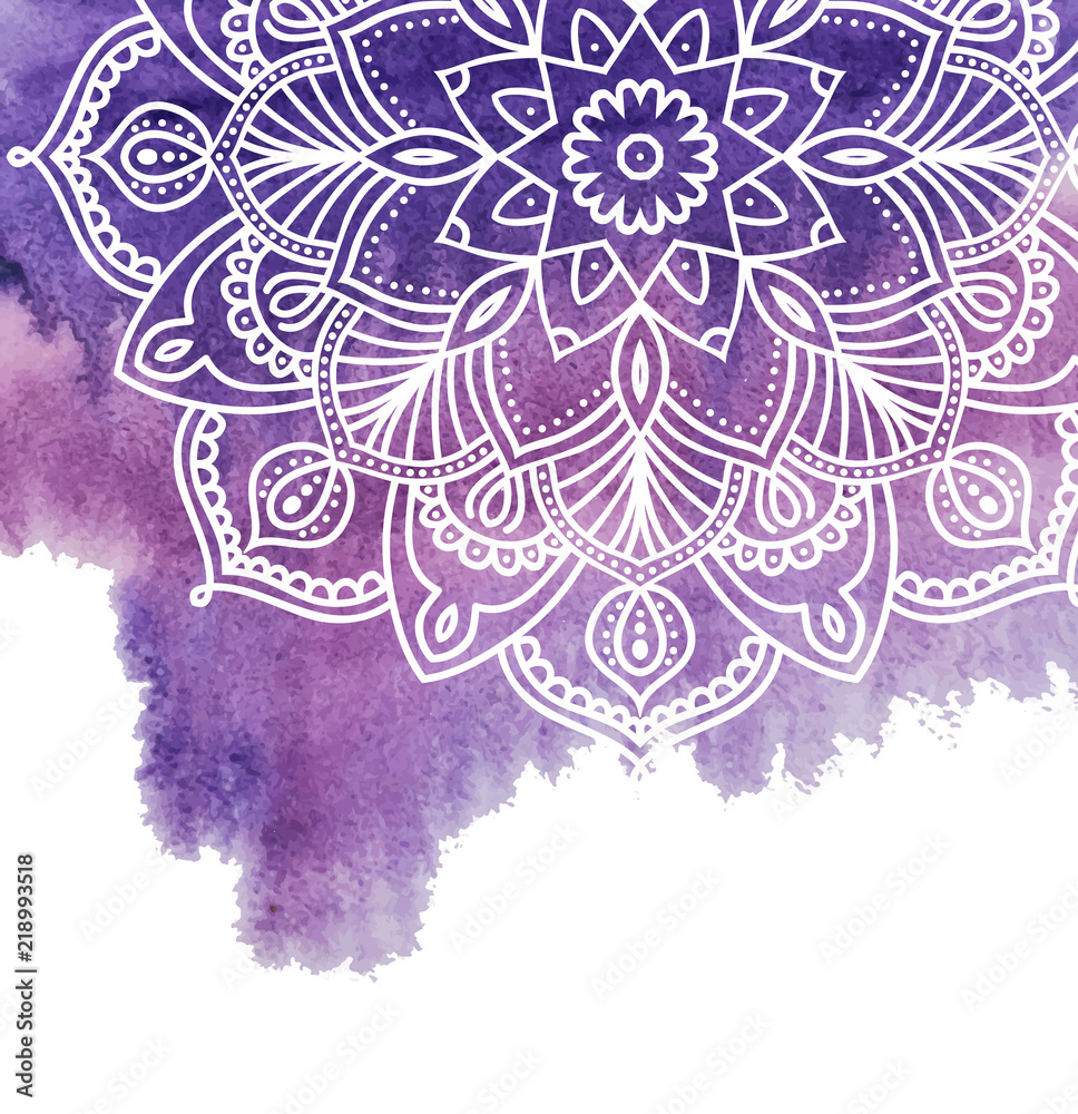 Watercolor paint background with white hand drawn round doodles and ...