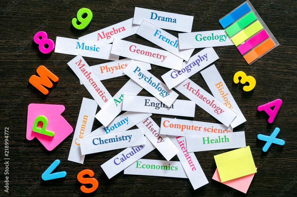 Names of school subjects. Back to school. Education concept. Top view ...
