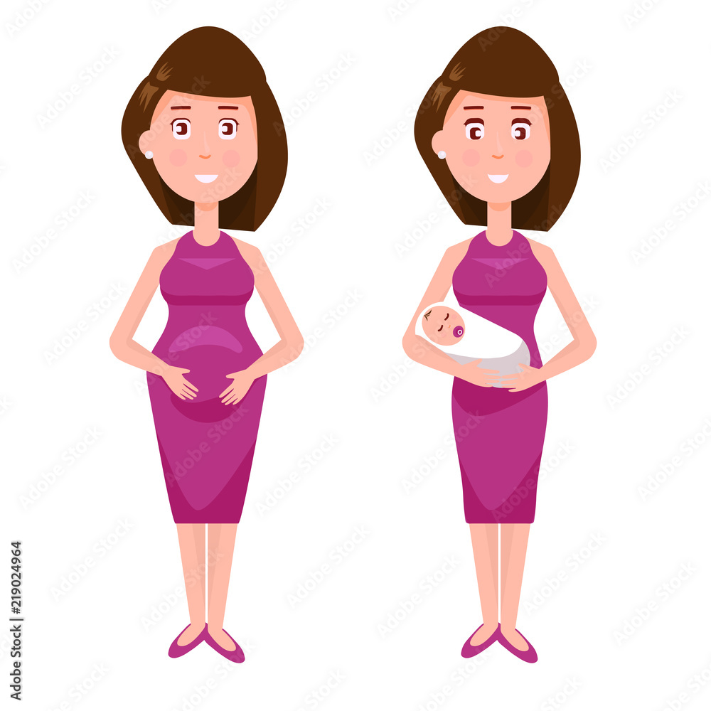 Pregnancy and birth cute cartoon vector illustration. Young pregnant ...