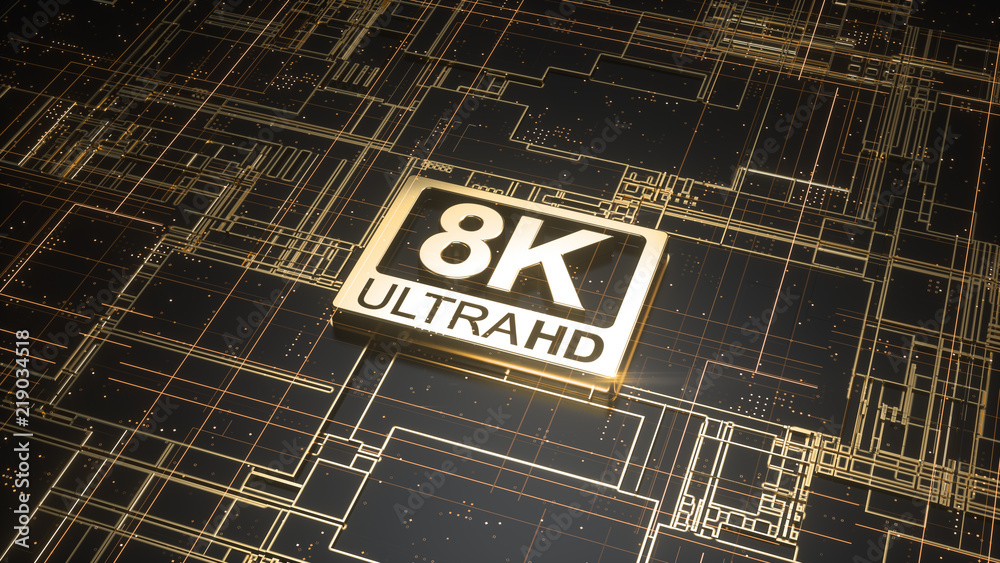 8K ultra hd symbol on abstract electronic circuit board. Television ...