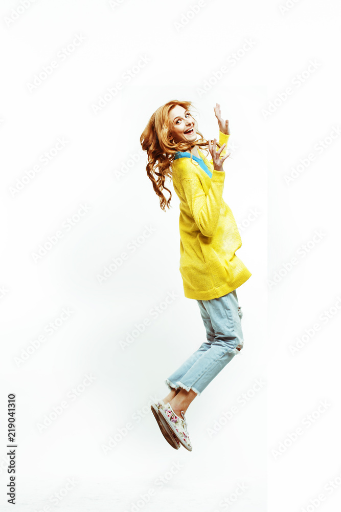 Pretty Young Redhad Teenage Girl Jumping Happy Smiling On White Stock Foto Adobe Stock