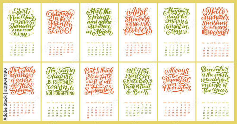 Vector calendar for months 2 0 1 9. Hand drawn lettering quotes for ...