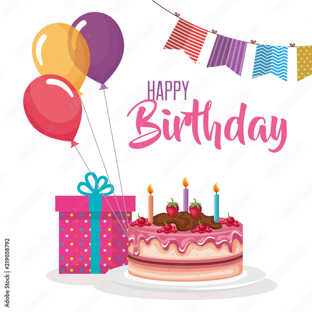 Grafika Wektorowa Stock Happy Birthday Card With Cake And Garlands Grafika Wektorowa Stock Happy Birthday Card With Cake And Garlands