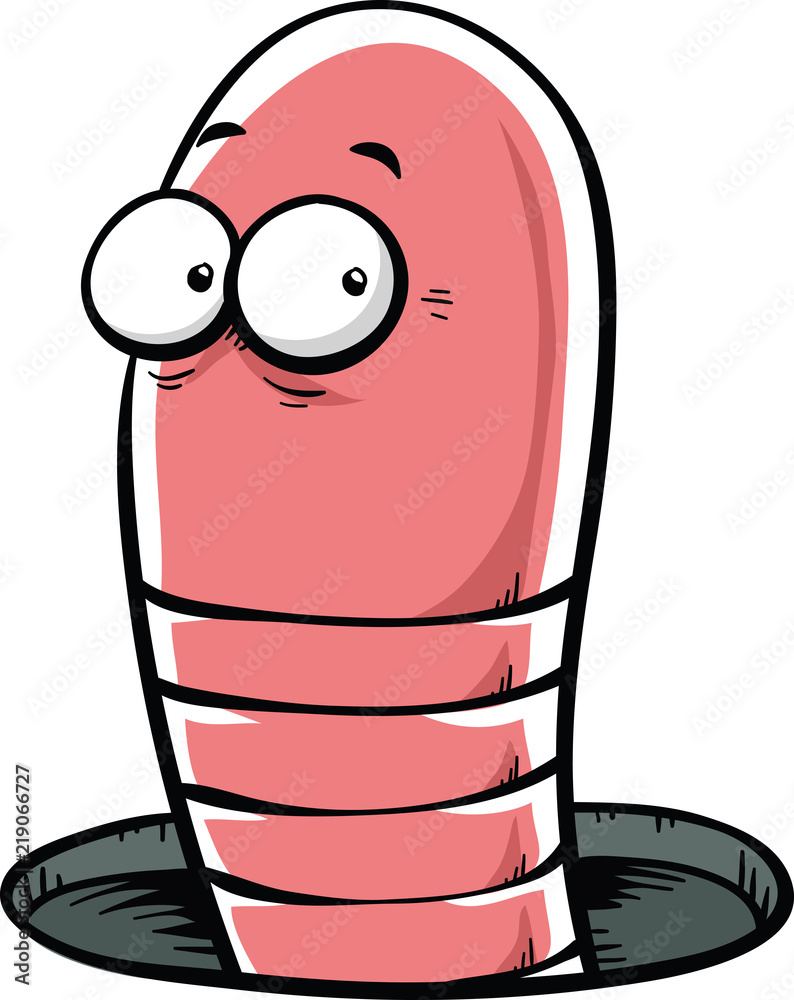 A nervous cartoon worm poking its head out of a small hole. Stock ...