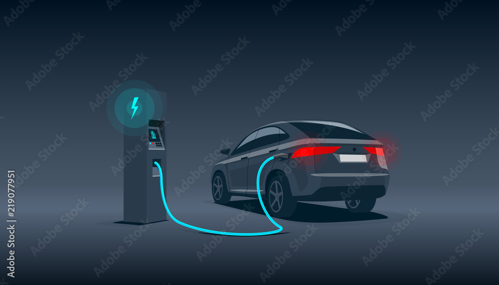 Vector illustration of a luxury black electric car suv charging at the ...