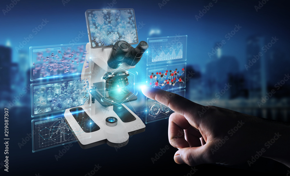 Businessman using modern microscope with digital analysis 3D rendering ...