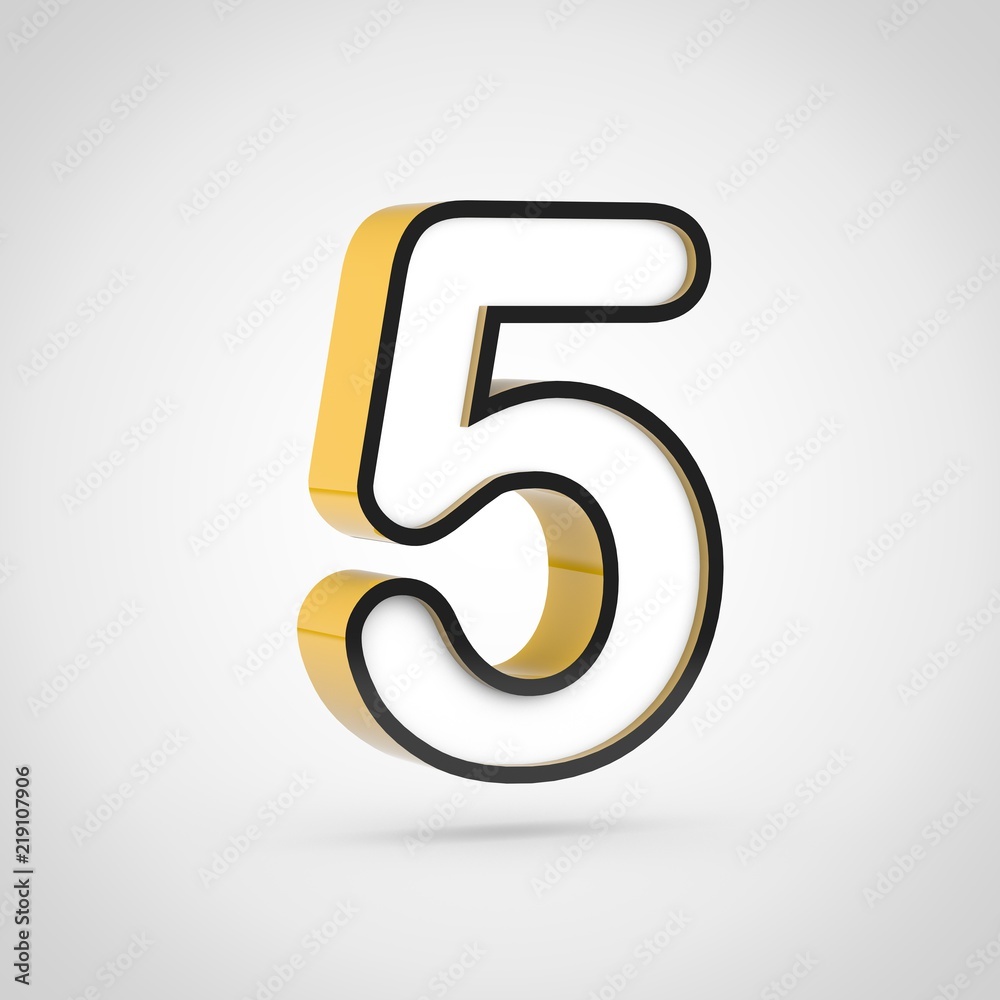 Golden number 5 with white face and black outline isolated on white ...