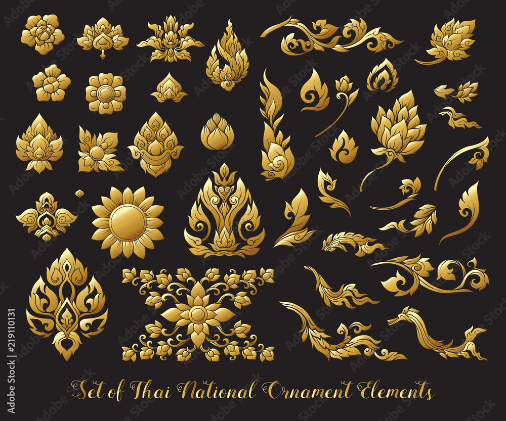 Set of gold elements of traditional Thai ornament. Stock illustr ...