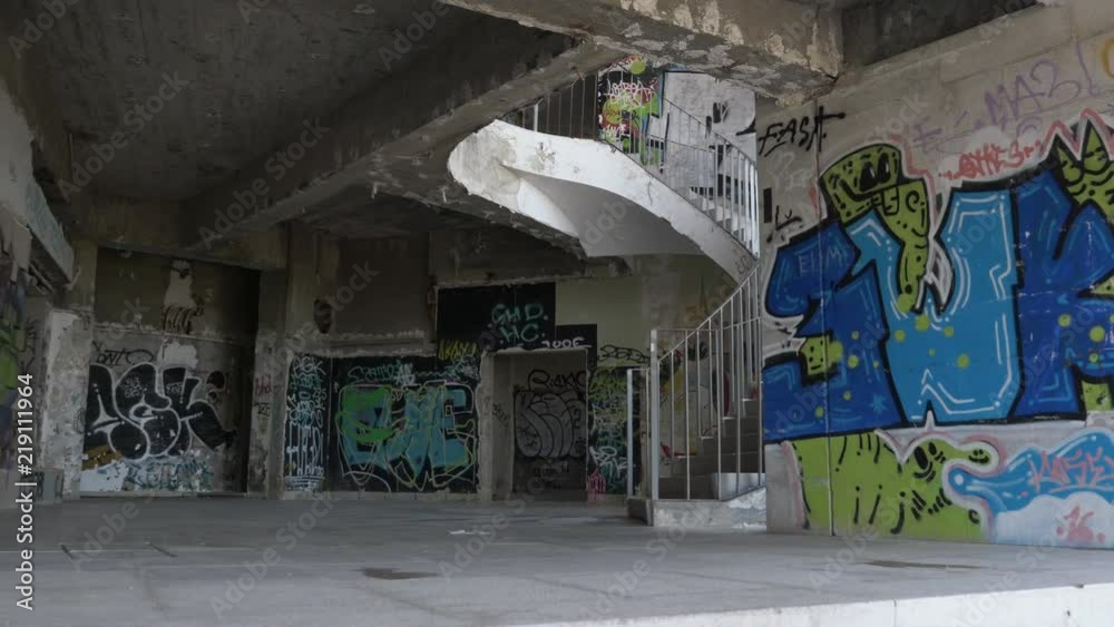 Derelict Building Interior Ground Floor Panning Shot. Ground floor of ...