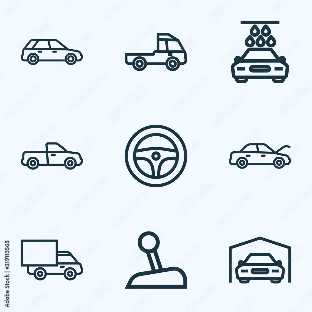 Car icons line style set with pickup, truck, prime-mover and other ...