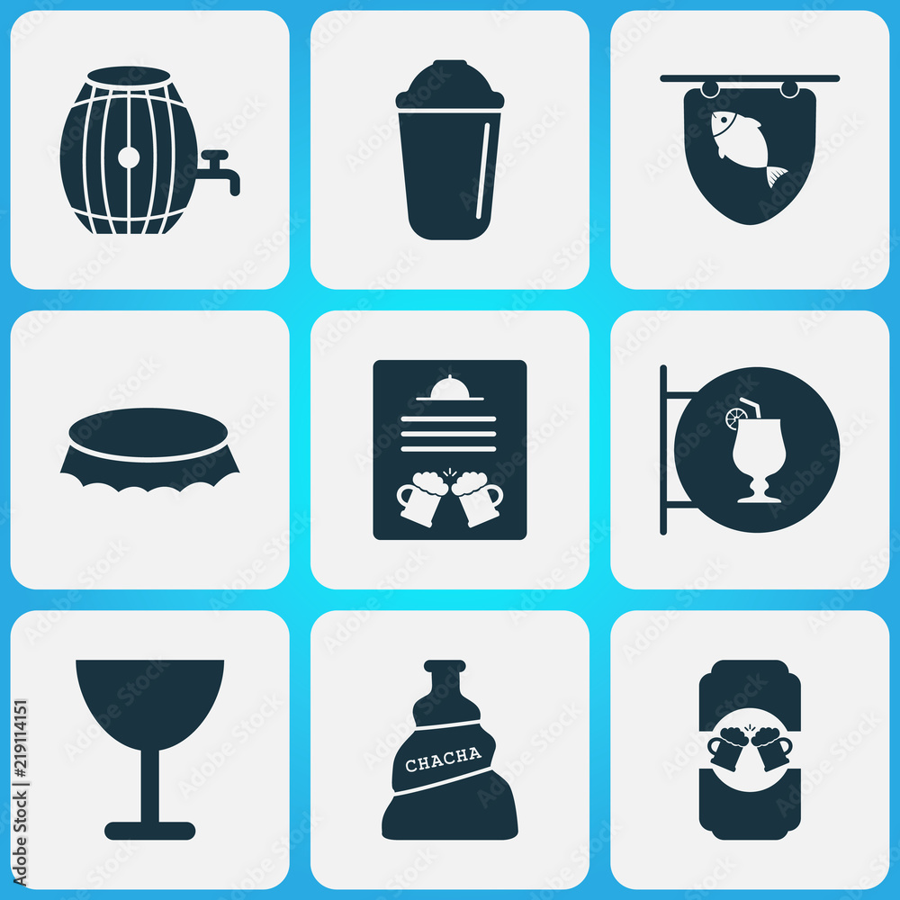 Alcohol icons set with cocktail sign, poster, bottle cap and other ...