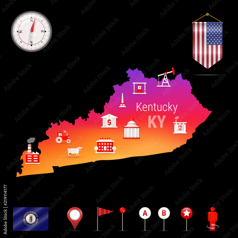 Kentucky Vector Map, Night View. Compass Icon, Map Navigation Elements ...