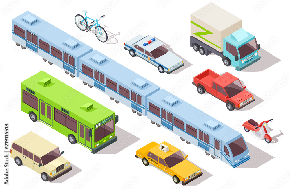 Isometric city public transport. Subway train, bus, ambulance, taxi and ...