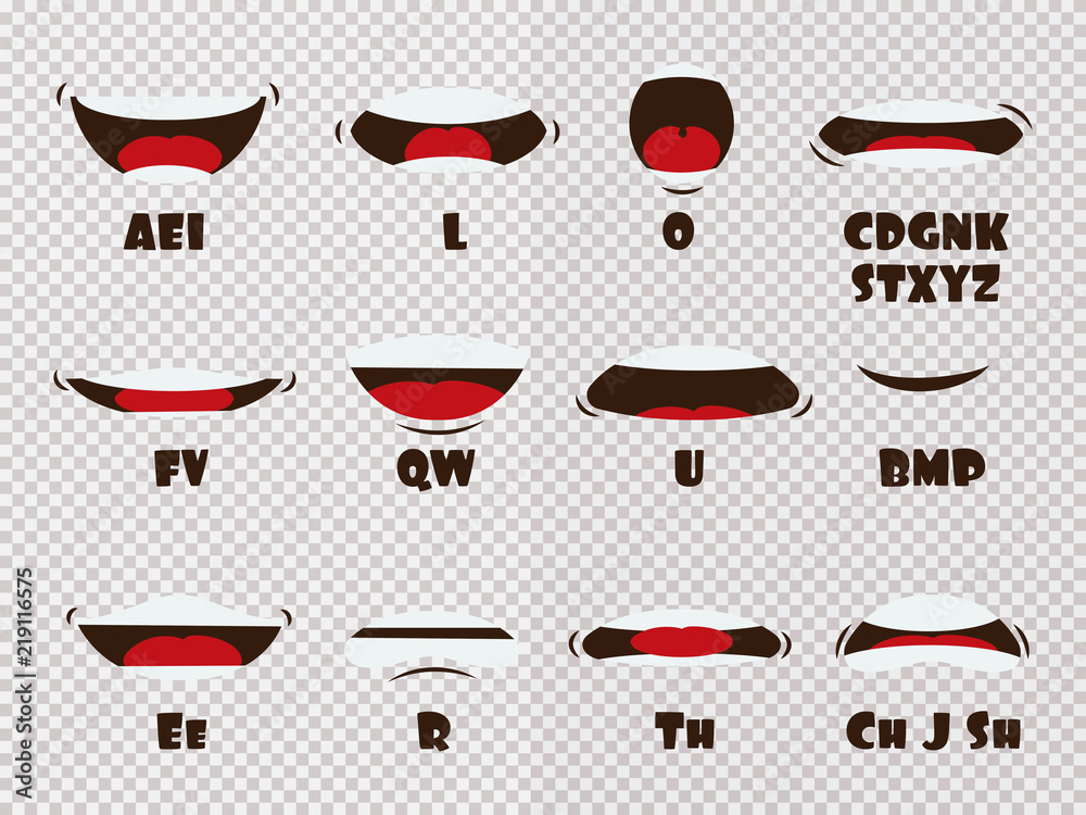 Plakát Cartoon talking mouth and lips expressions vector animations ...